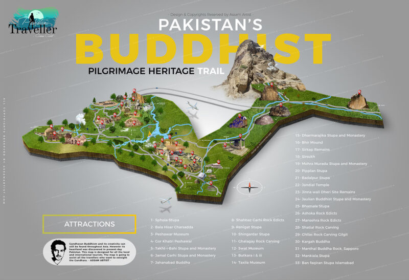 Buddhist & Gandhara Tourist Trail Map | Assam Artist